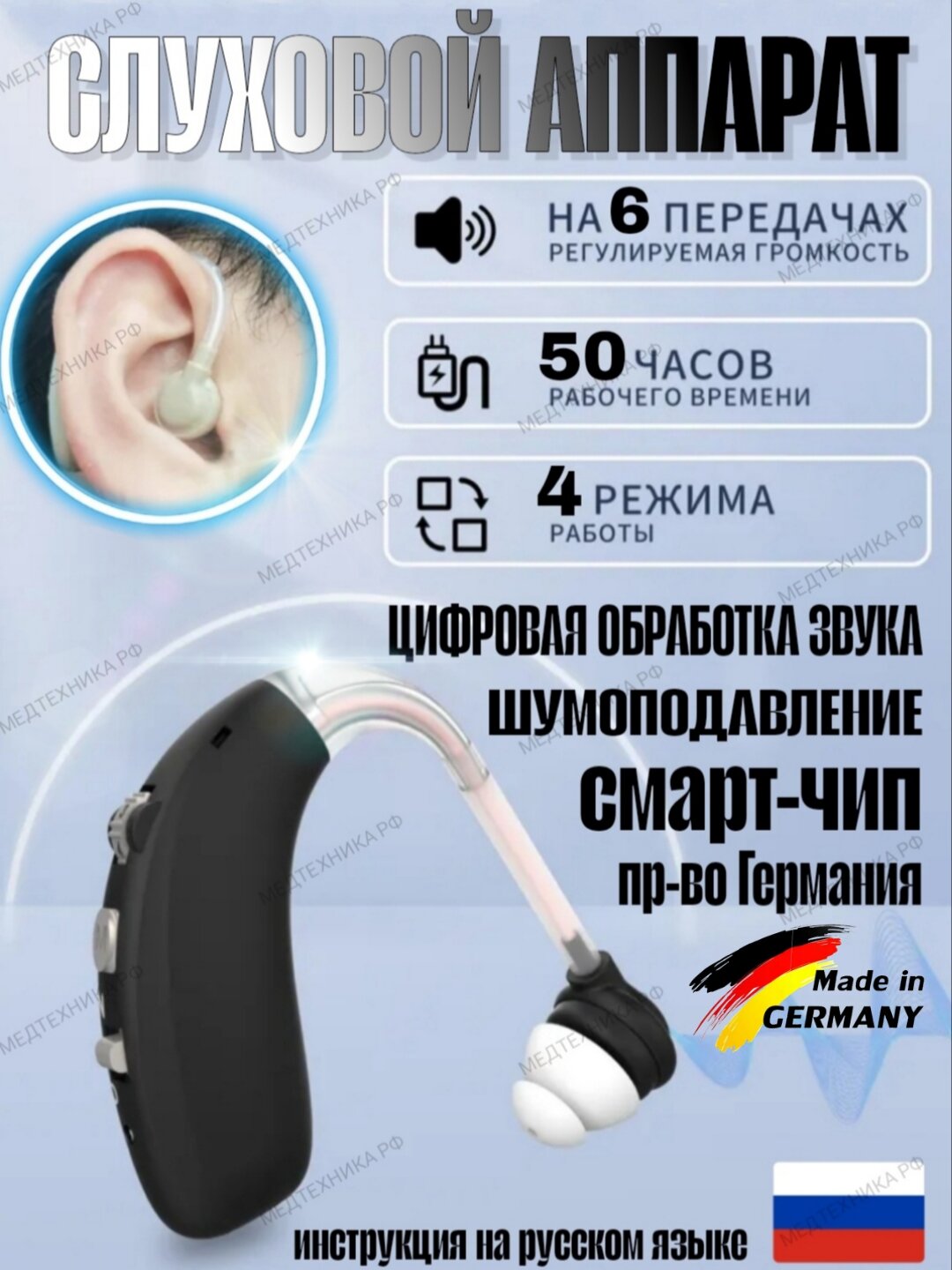 Слуховой аппарат цифровой заушный с зарядкой аккумуляторный качественный премиум класса производитель Германия