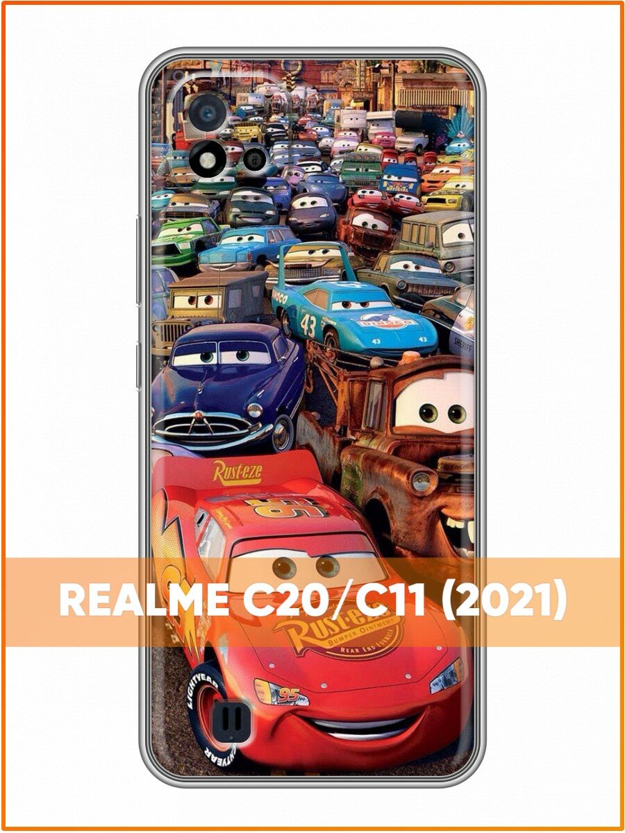 Чехол для Realme C20, Realme C11 2021 с принтом Молния Маккуин и машины (реалми С20, реалме С11 2021)