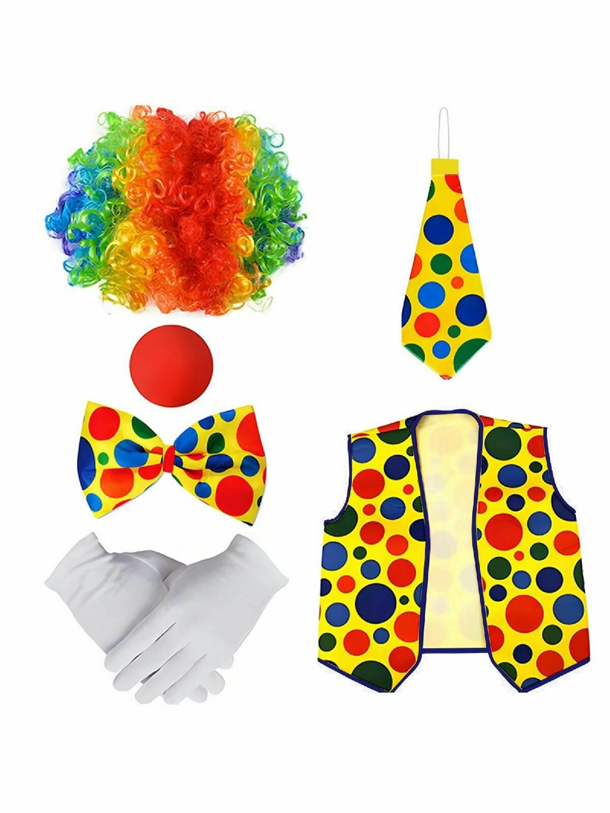 Костюм клоуна для взрослых для Хэллоуина с радужным париком и носом, - Set 8