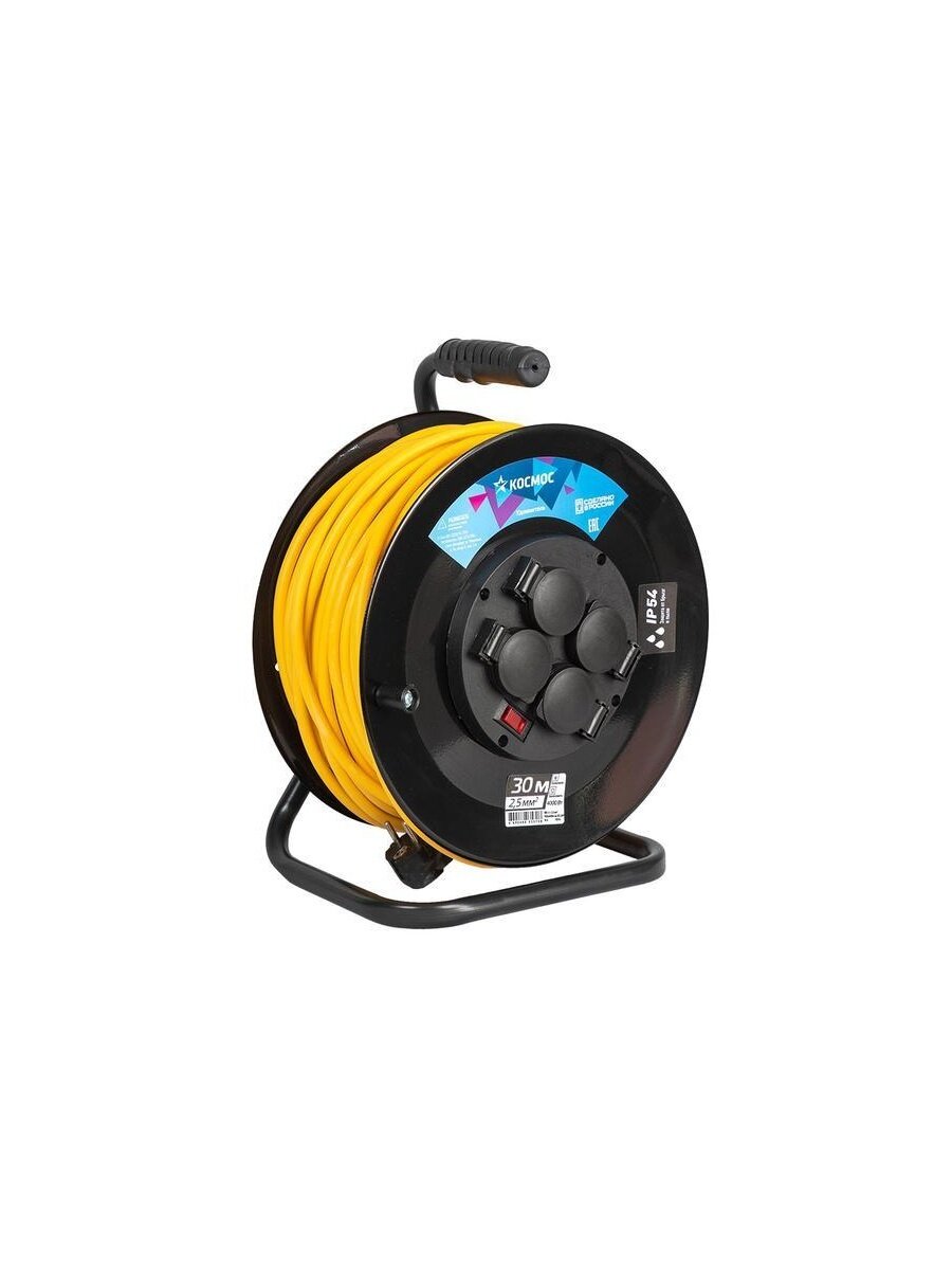 Удлинитель на катушке 4х30м с заземл. 16А IP54 4кВт ПВС 3х2.5 термозащ. Космос YKKsm30m-4g-Z(2.5)IP