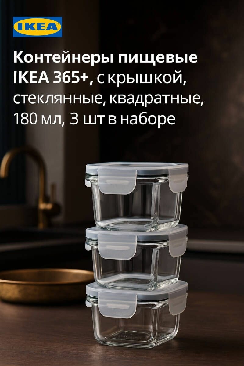 Контейнеры пищевые IKEA 365+, с крышкой, стеклянные, квадратные, 180 мл, 3 шт в наборе