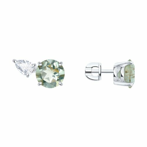 Серьги пусеты, серебро, 925 проба, родирование, фианит, празиолит