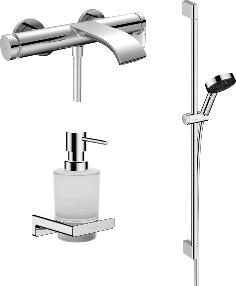 Смеситель для ванны с душем Hansgrohe Vivenis 75420000 с душевым гарнитуром, настенный, однорычажный, хром, глянцевый, латунный, с керамическим картриджем