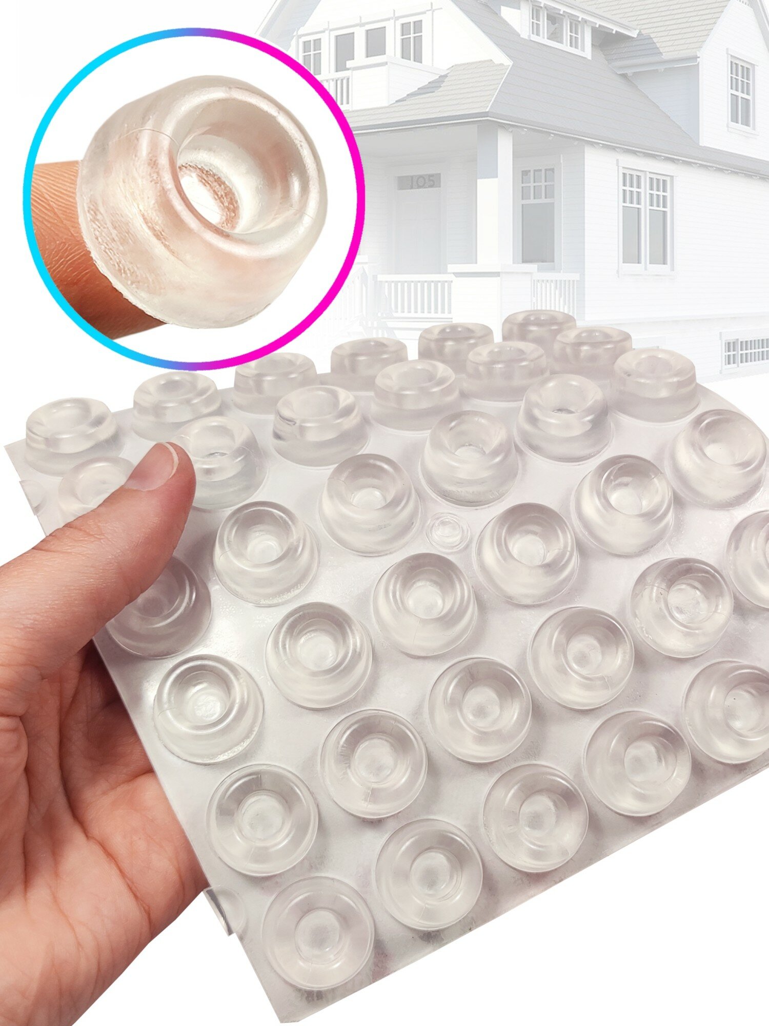 Силиконовые накладки-демпферы самоклеящиеся для мебели (прозрачные, диаметр 21 мм, толщина 10 мм, 36 штук в наборе) belais #21826