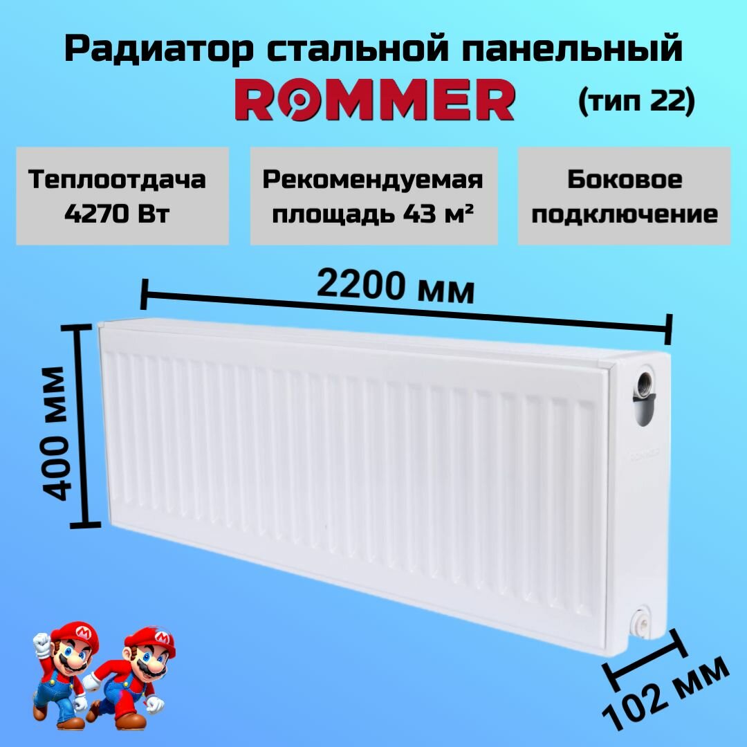 Радиатор отопления стальной панельный 400х2200 боковое подключение