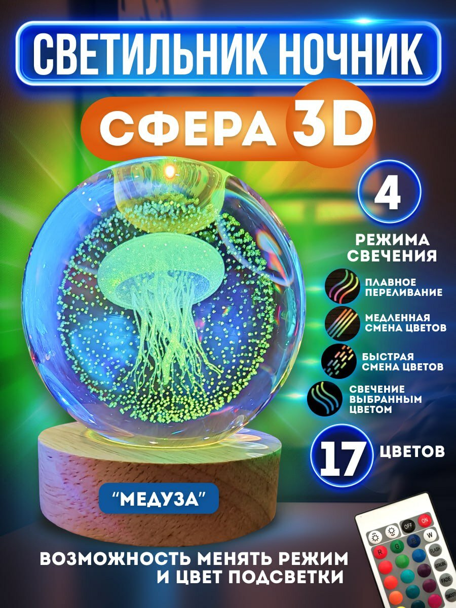 Ночник светильник стеклянный шар лампа 3D - Медуза