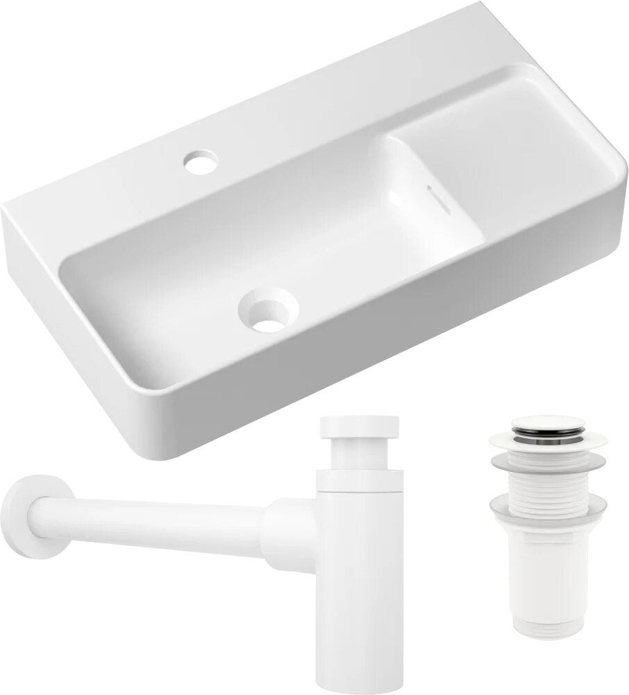 Комплект 3 в 1 Накладная раковина Lavinia Boho Bathroom Sink Slim 33311011 60 глянцевая белая, со столешницей / Донный клапан Wellsee Drainage System 182143000 матовый белый / Сифон 182123000 бутылочн