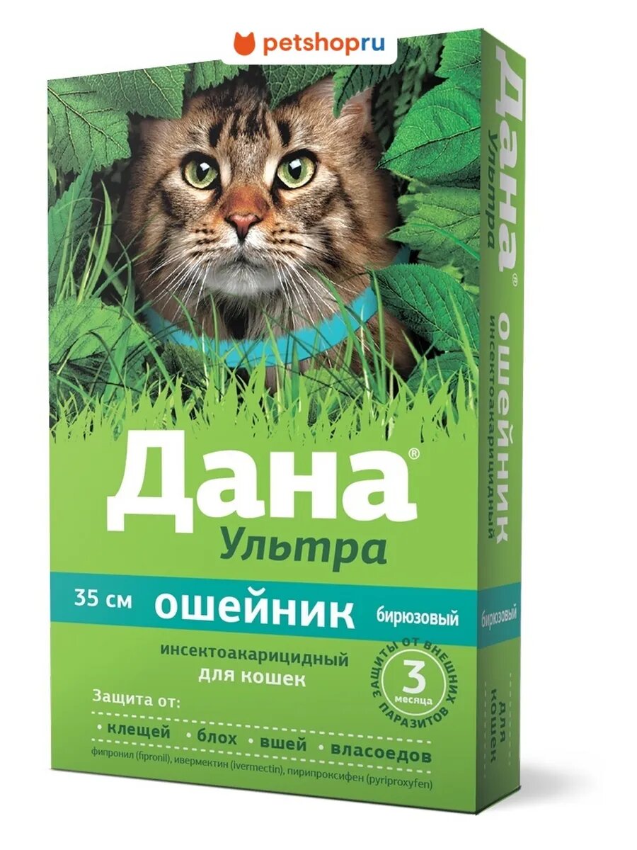 Дана Ошейник от блох и клещей для кошек, 35 см, бирюзовый