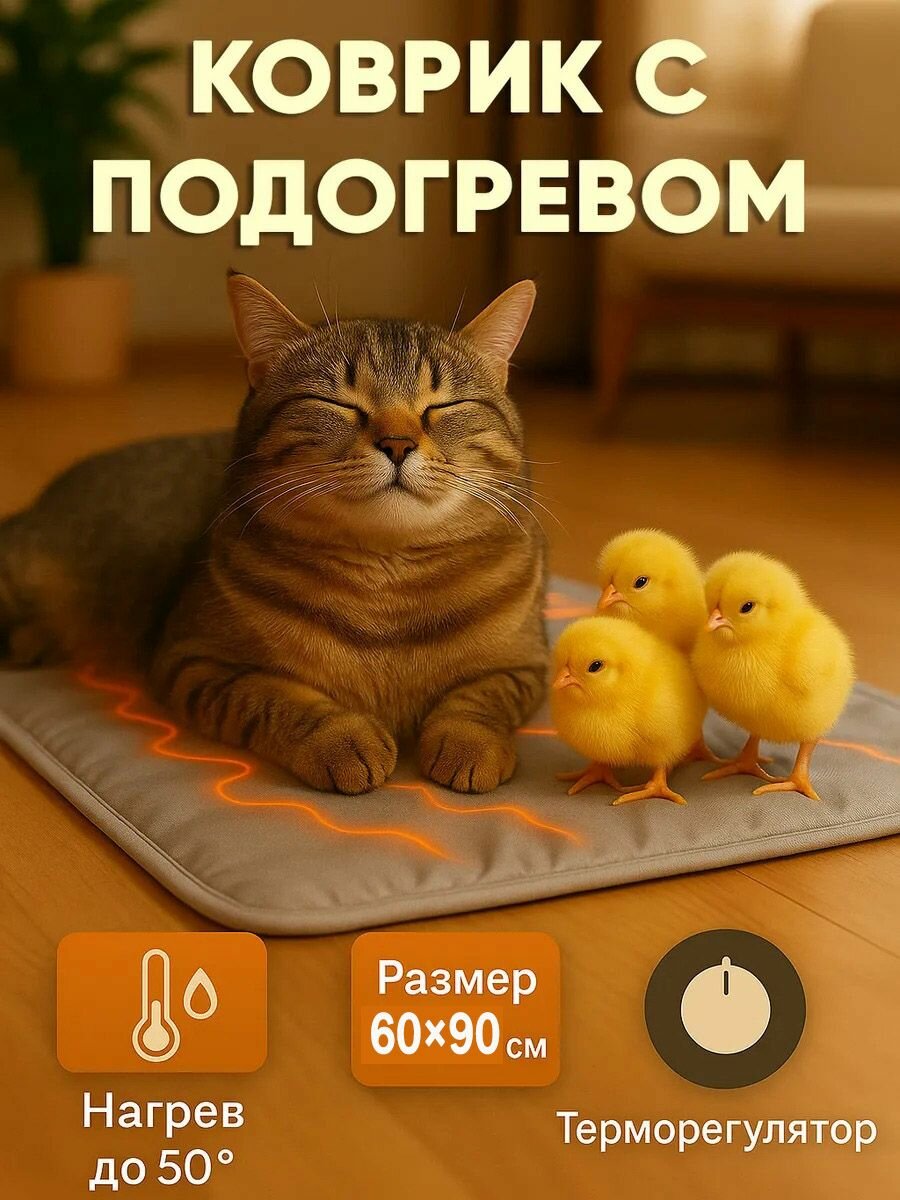 Грелка электрическая для животных водонепроницаемая 60х90 см / коврик для животных с подогревом