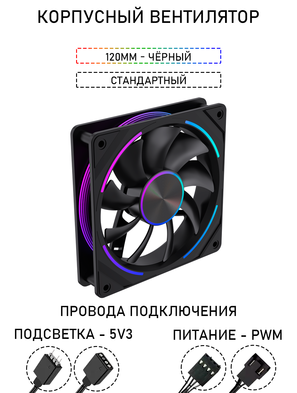 Корпусный вентилятор - LovingCool - Model S-RS - 120мм, чёрный, 1600 оборотов, 67 CFM, A-RGB подсветка. PWM+5v3. 1 штука