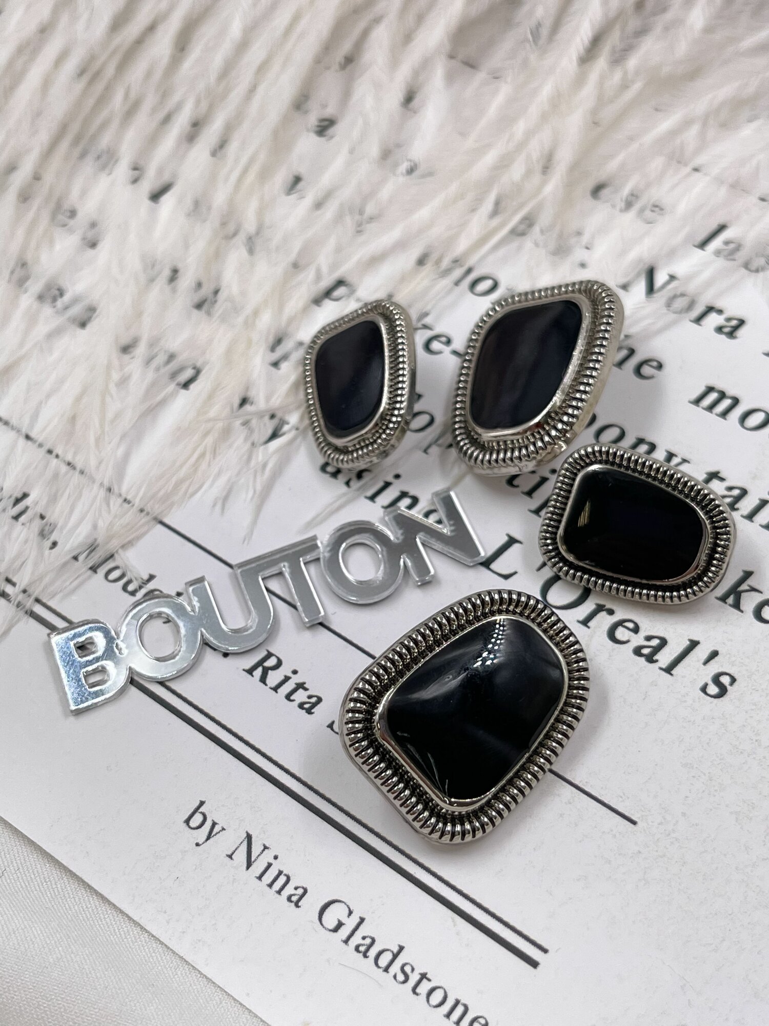 Пуговицы серебряные с черной эмалью Винтажный 5 шт