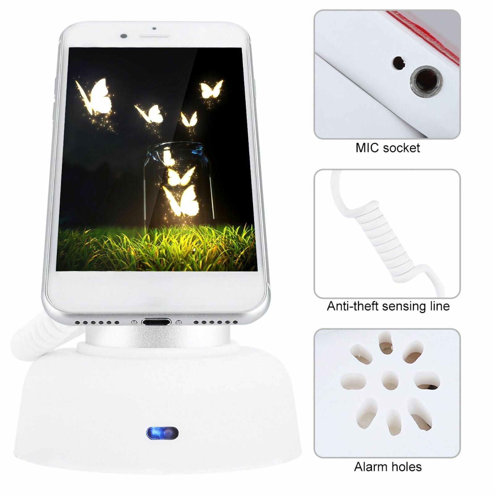 Антиугонный стенд для смартфонов с сиреной и зарядкой. Сигнализация до 120 дБ, дистанционное управление, аккумулятор 480Ач, совместимость iOS/Android. Для магазинов, выставок и защиты товаров от краж