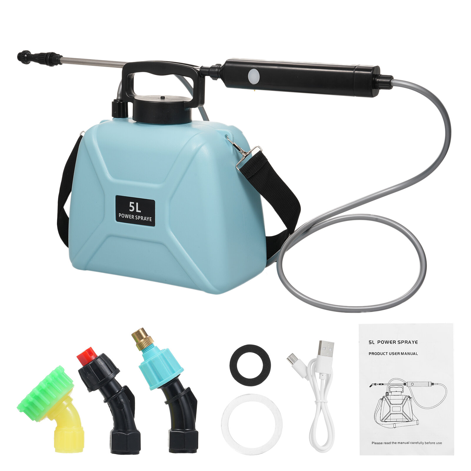 Электрический садовый опрыскиватель с USB-зарядкой, ручной, с 3 распылительными насадками, 5-литровой лейкой и ремешком для распыления воды.