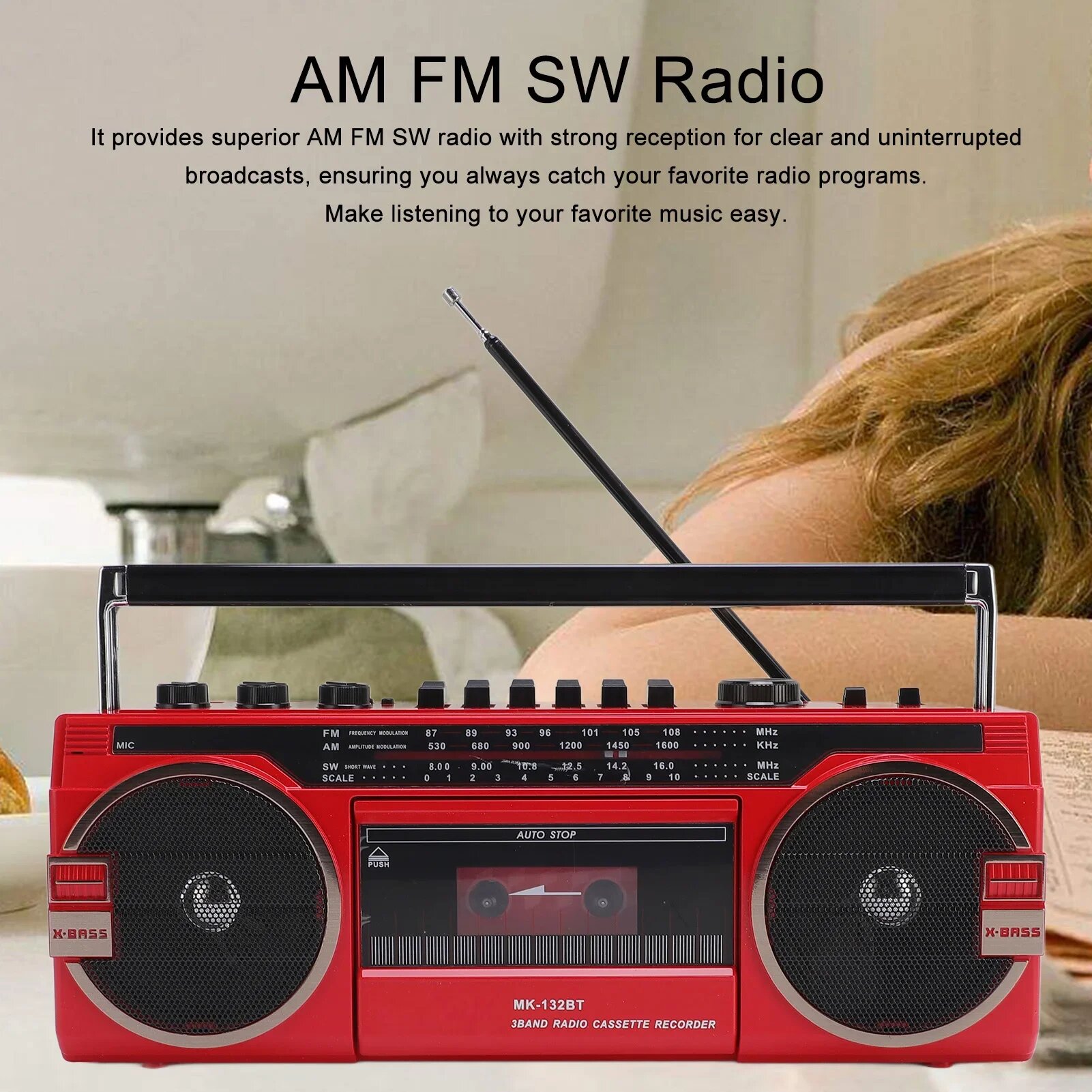 Ретро кассетный проигрыватель Магнитофон с AM / FM / SW радио Bluetooth USB аккумулятором / питанием от сети переменного тока Портативный Винтажный магнитофон красного цвета