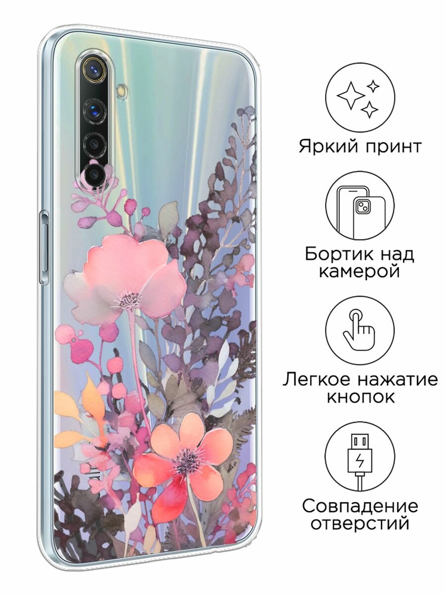 Чехол на Realme 6 / Реалми 6 с принтом "Лиловые полевые цветы", прозрачный — фото 1