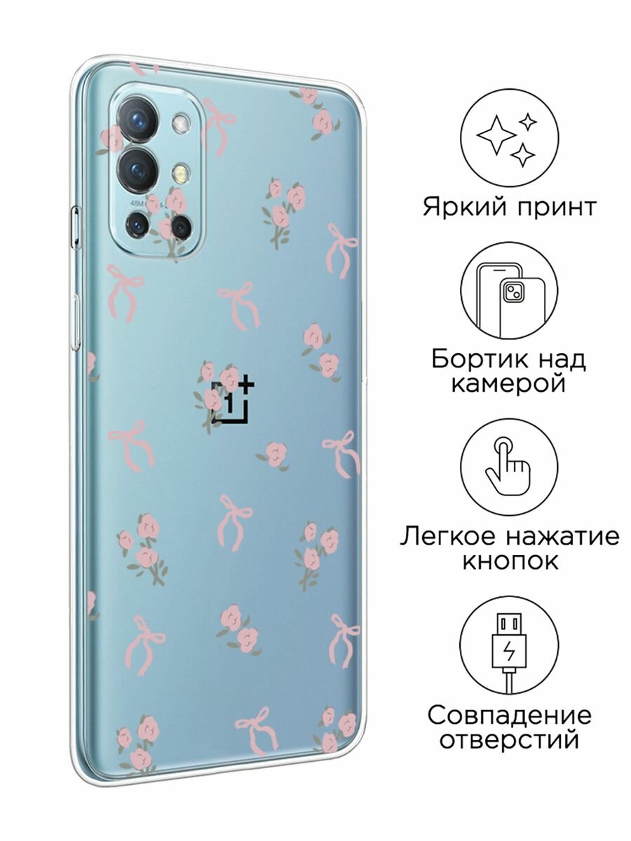 Чехол на OnePlus 9R / ВанПлас 9R с принтом "Розы и ленточки", прозрачный — фото 1