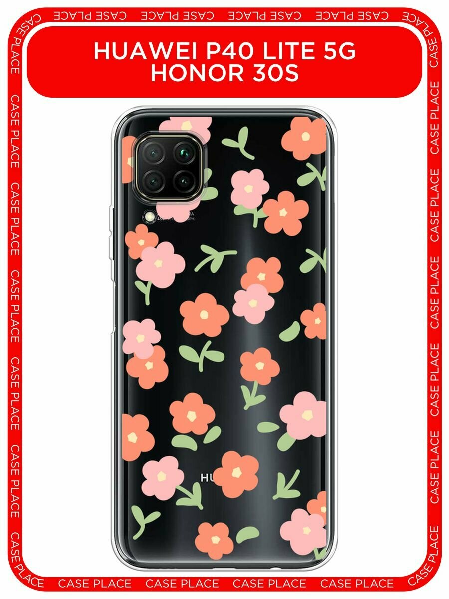 Чехол на Honor 30S Global/Huawei P40 Lite 5G/Nova 7 SE / Хонор 30S с принтом "Красные цветочки рисунок", прозрачный