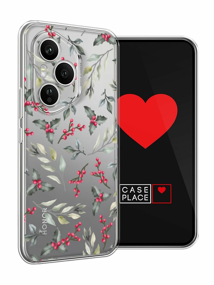 Черный матовый чехол на Honor 400 Pro / Хонор 400 Про с принтом "Зимние ягоды паттерн" — фото 1