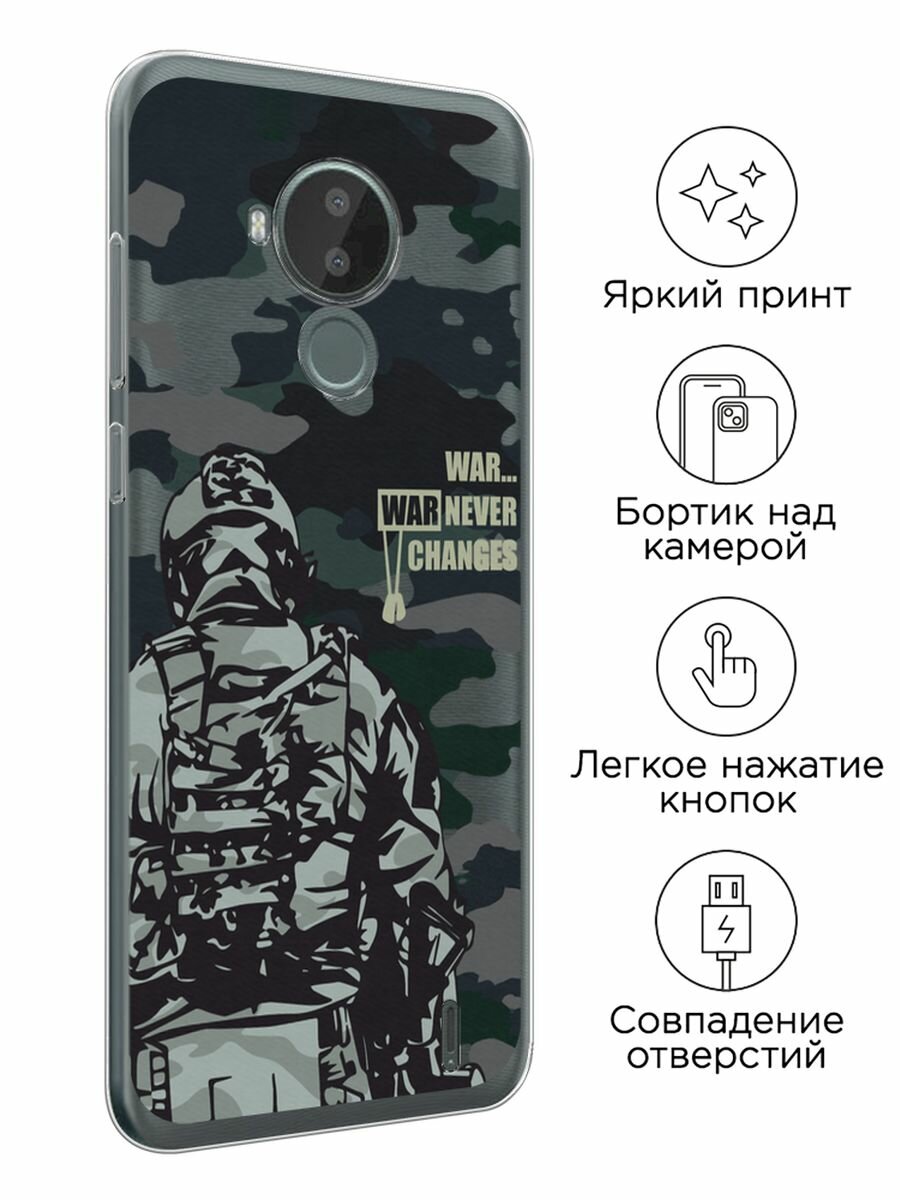Чехол на Nokia C30 / Нокия C30 с принтом "Камуфляж и солдат", прозрачный — фото 1