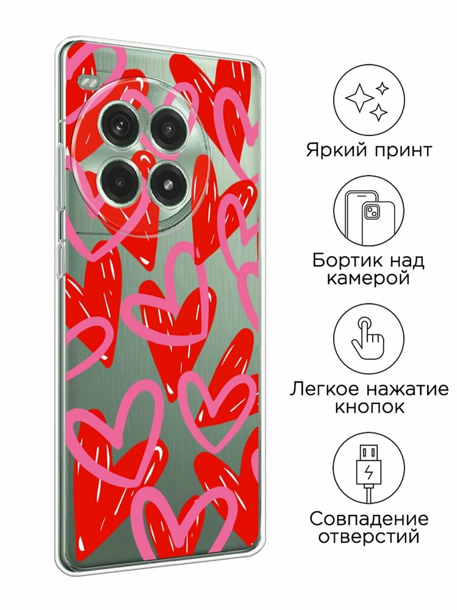 Чехол на OnePlus Ace 3 Pro / Ван Плас Эйс 3 Про с принтом "Hearts doodles - 14 февраля", прозрачный — фото 1