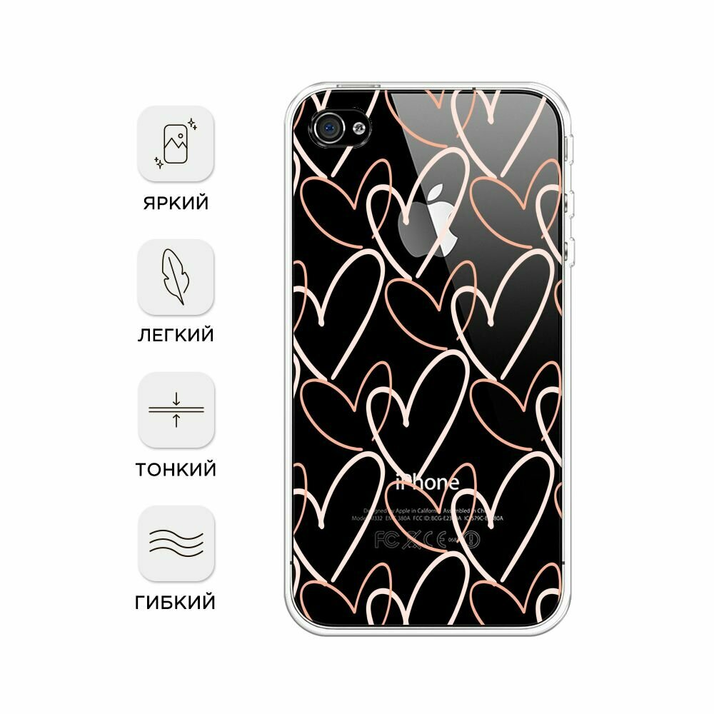 Чехол на Apple iPhone 4/4S / Айфон 4/4S с принтом "Узор из сердечек", прозрачный — фото 1