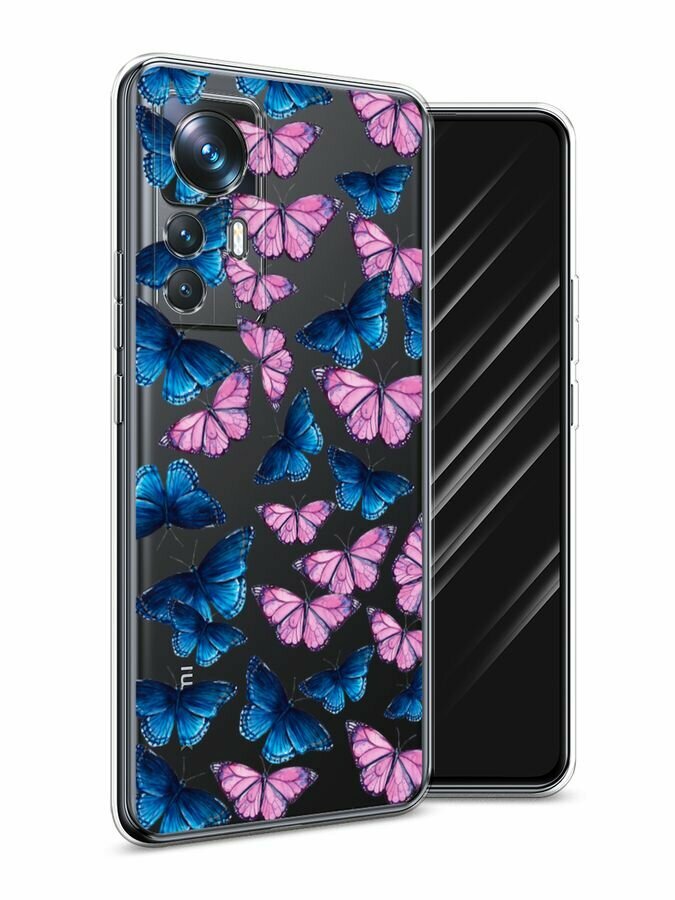 Чехол на Xiaomi 12T Pro / Сяоми 12T Про с принтом Розовые и голубые бабочки, прозрачный