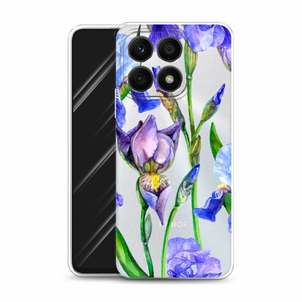 Чехол на Honor X8A / Хонор X8A с принтом "Синие ирисы", прозрачный — фото 1