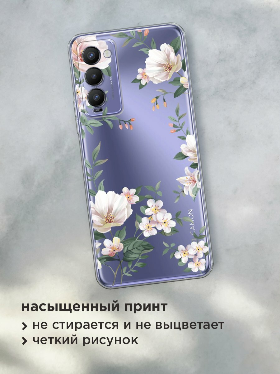 Чехол на Tecno Camon 18/18T / Текно Камон 18/18T с принтом "Beautiful white flowers", прозрачный — фото 1