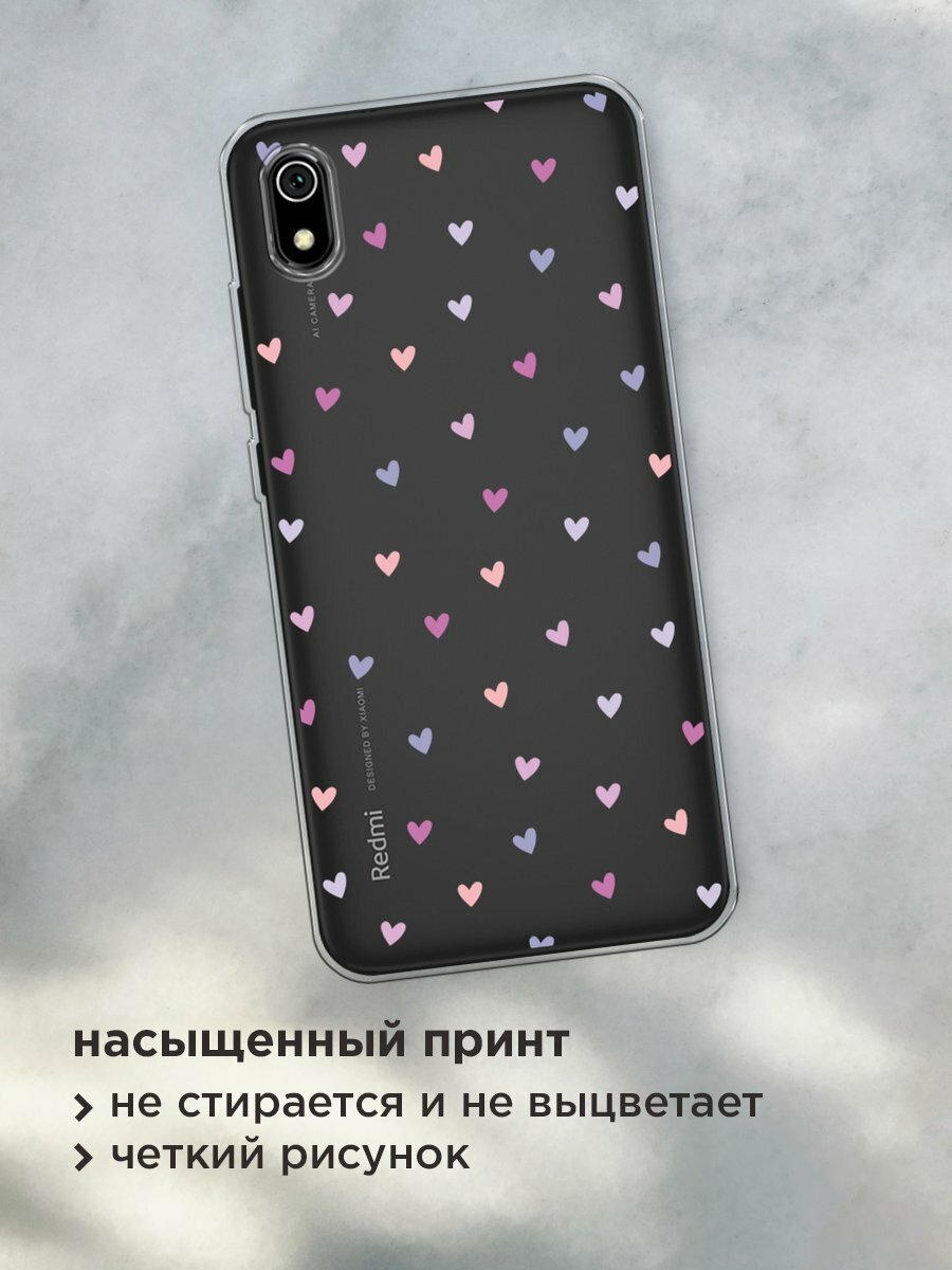 Чехол на Xiaomi Redmi 7A / Сяоми Редми 7А с принтом "Пастельные сиреневые сердечки", прозрачный — фото 1