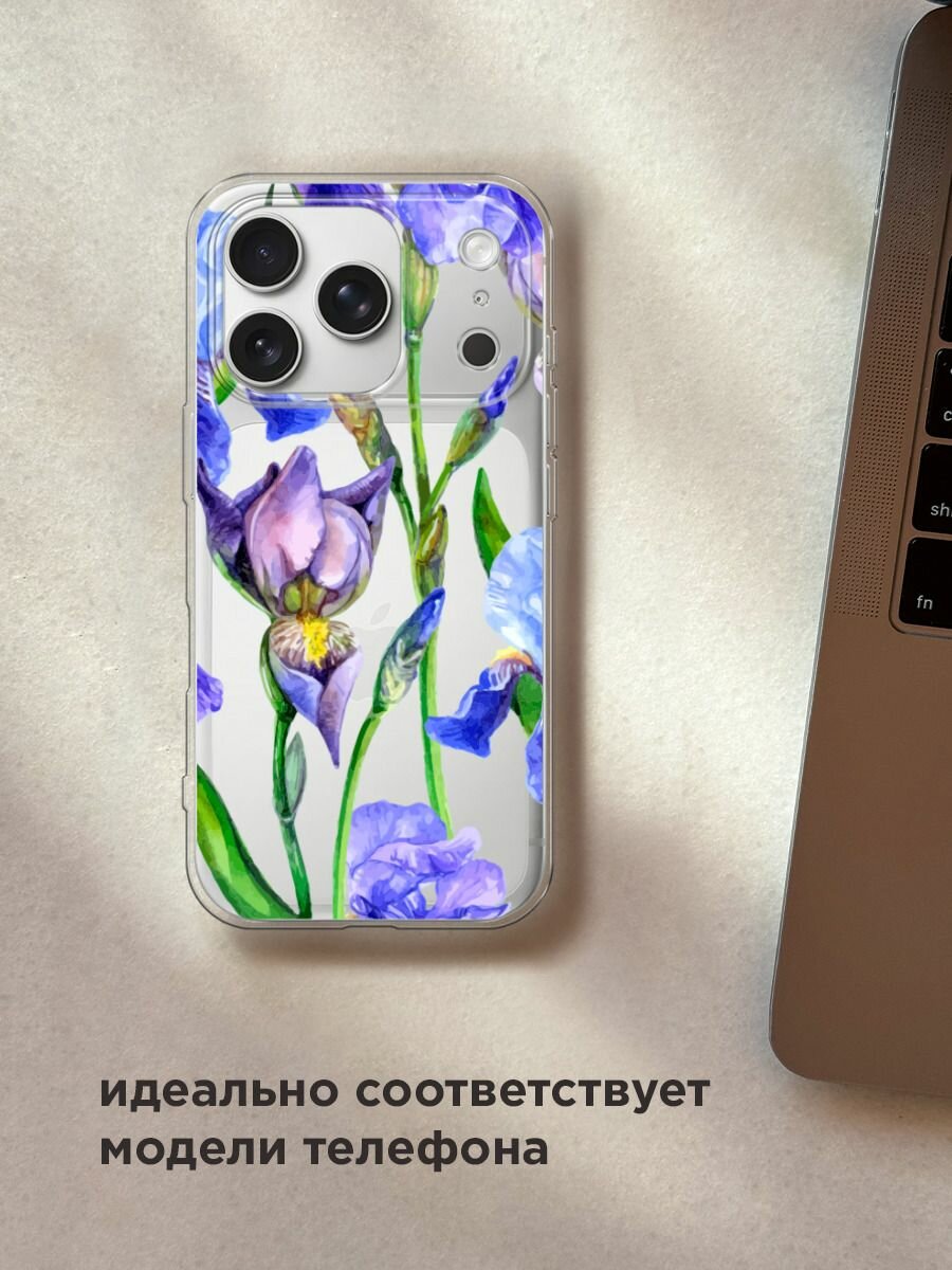 Чехол на Apple iPhone 17 Pro / Айфон 17 Про с принтом "Синие ирисы", прозрачный — фото 1