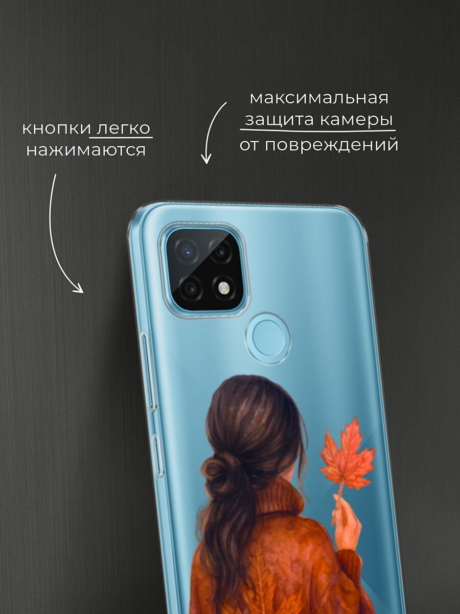 Чехол на Realme C21 / Реалми С21 с принтом "Девушка с опавшим листом", прозрачный — фото 1