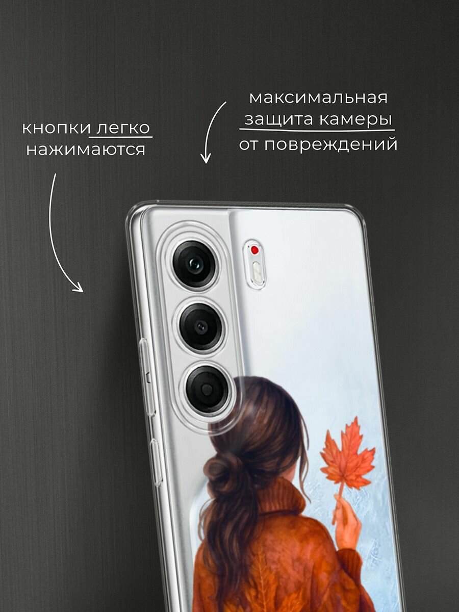 Чехол на Tecno Camon 40 Pro / Текно Камон 40 Про с принтом "Девушка с опавшим листом", прозрачный — фото 1