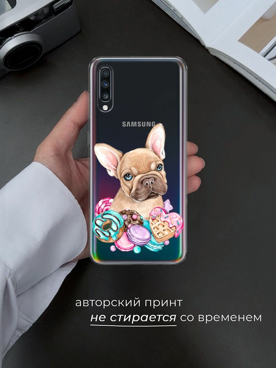 Чехол на Samsung Galaxy A70 / Самсунг Галакси А70 с принтом "Бульдог и сладости", прозрачный — фото 1