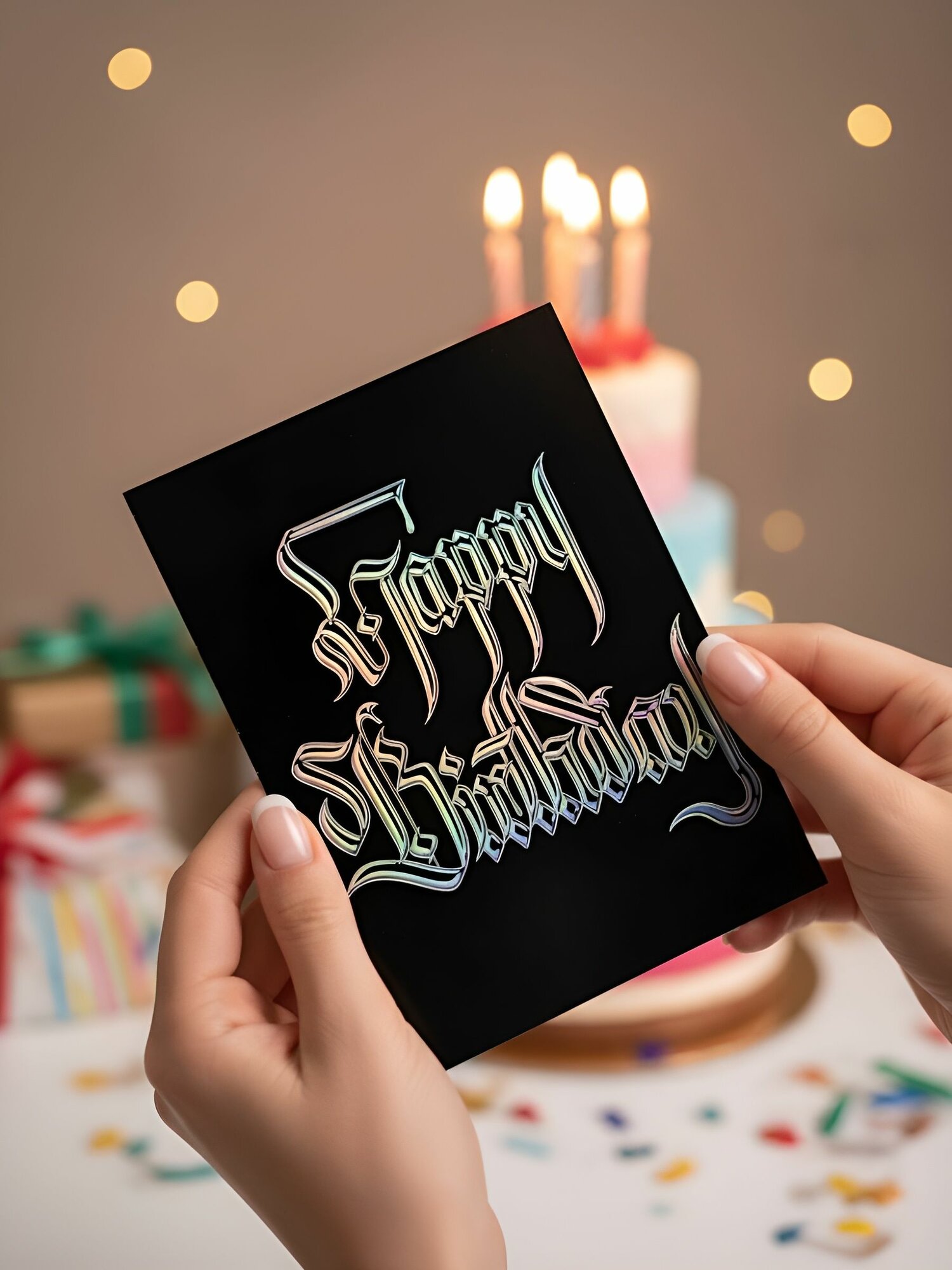 Открытка на День Рождения Happy Birthday в готическом стиле. Черная, с голографической каллиграфией. Авторский дизайн, место для пожелания сзади