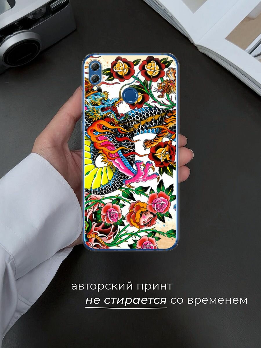 Силиконовый чехол на Honor 8X / Хонор 8Х с принтом "Дракон в цветах" — фото 1