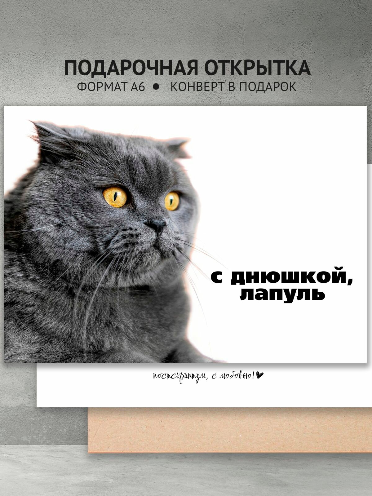 Подарочная открытка с уникальной иллюстрацией котик "С днюшкой, лапуль" с днем рождения, с юбилеем