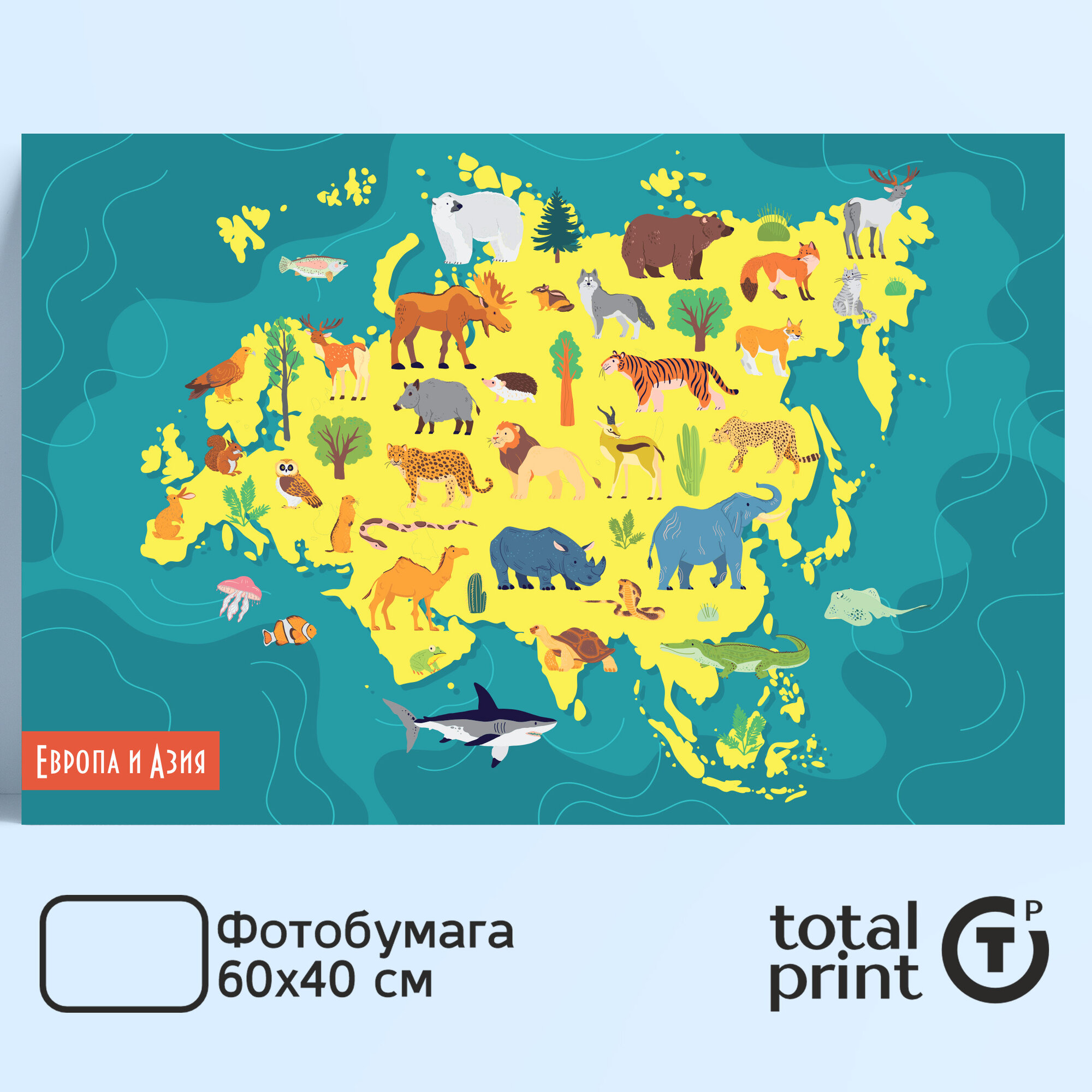 Постер на стену Карта животного мира, Европа и Азия, 60х40см, TotalPrint