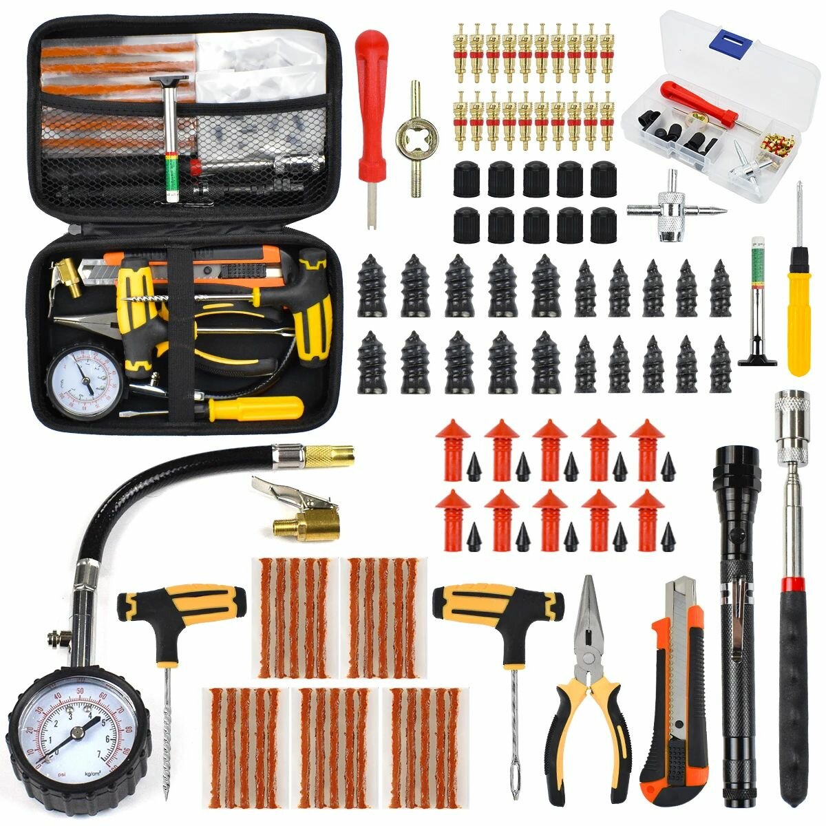 Профессиональный комплект для шиномонтажа в кейсе: жгуты, винтовые заглушки, фурнитура, манометр, инструменты