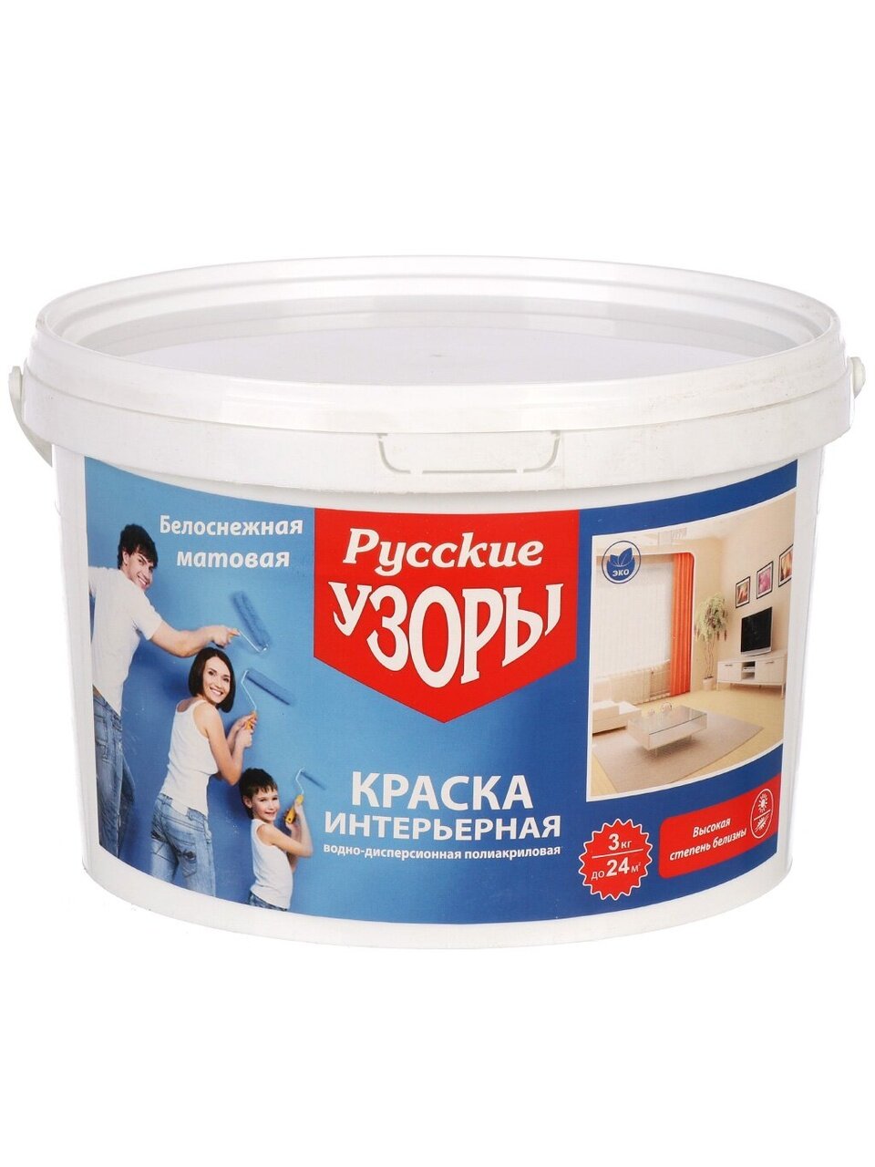 Краска воднодисперсионная, Русские узоры, акриловая, интерьерная, матовая, белоснежная, 3 кг