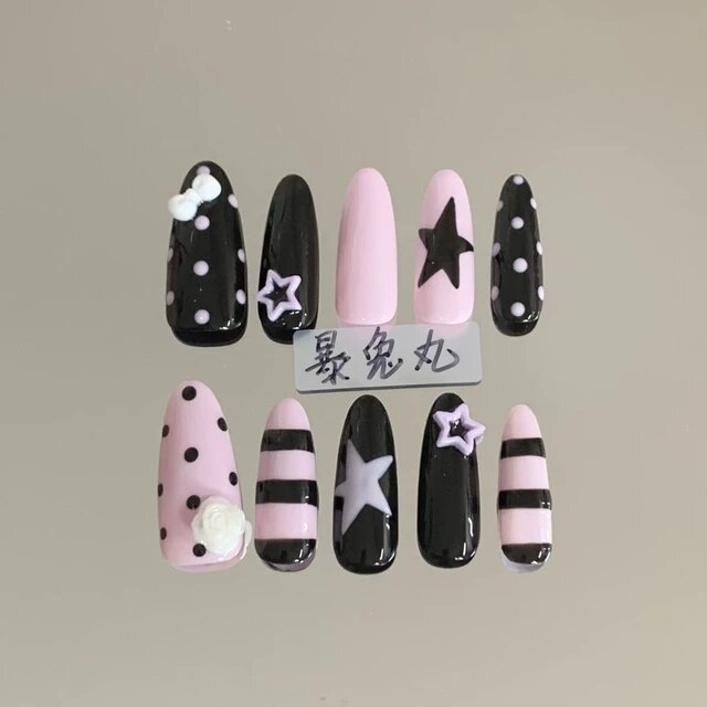 Набор из 10 горячих длинных заостренных ногтей ручной работы в форме гроба, полностью покрывающих ногти, накладные ногти Sanrio KT с металлической цепочкой и сверкающими бриллиантами в виде цветка, Размер: S-15-11-12-11-9