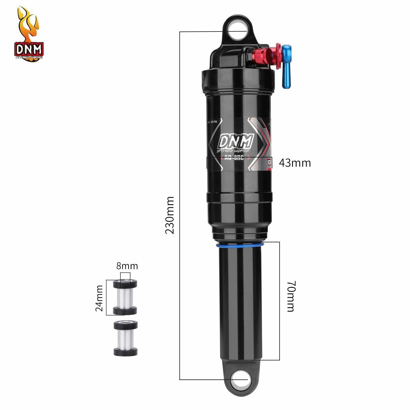 DNM AO-8RC ,230мм, ход:70mm, , амортизатор с мягким хвостом, велосипедный амортизатор, давление воздуха, задняя желчь, трехступенчатая блокировка, регулировка демпфирования