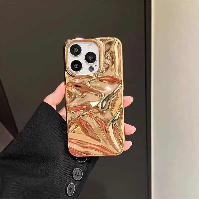 3D гальванический складной силиконовый чехол с морщинами для iPhone 16 Желтый, Gold, For iPhone 15