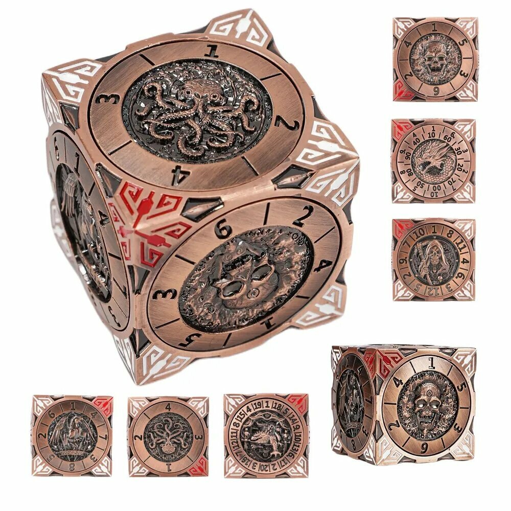 2025 Новые DND Spinner Dice, металлические кубики 7-в-1 с трехмерным облегчением для подземелий и подарков Dragons, многогранных ролевых игровых костей, аксессуаров RPG Fantasy D & D для DM & Player.