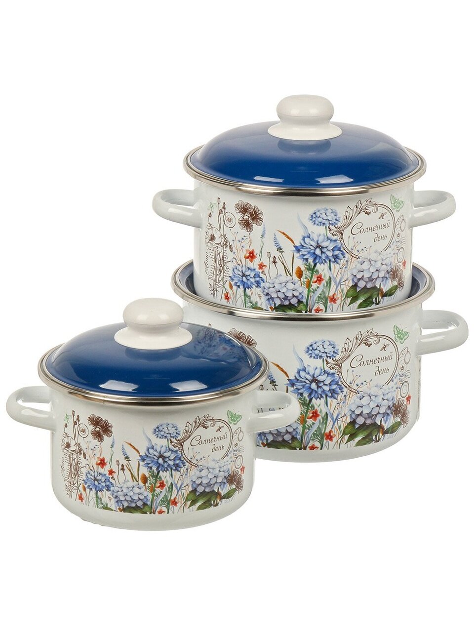 Набор посуды эмалированная сталь, 3 предмета, кастрюли 2, 3, 4 л, индукция, СтальЭмаль, Солнечный день, 6KB021M, белый