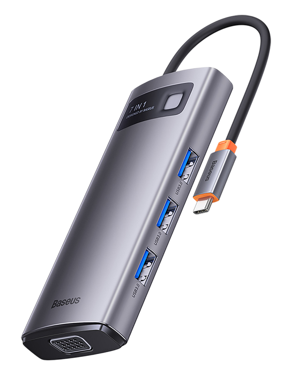 Хаб Baseus Metal Gleam Series 7-in-1 Type-C HUB Gray, PD, 3xUSB3.0, HDMI, VGA, RJ45 (WKWG040013)