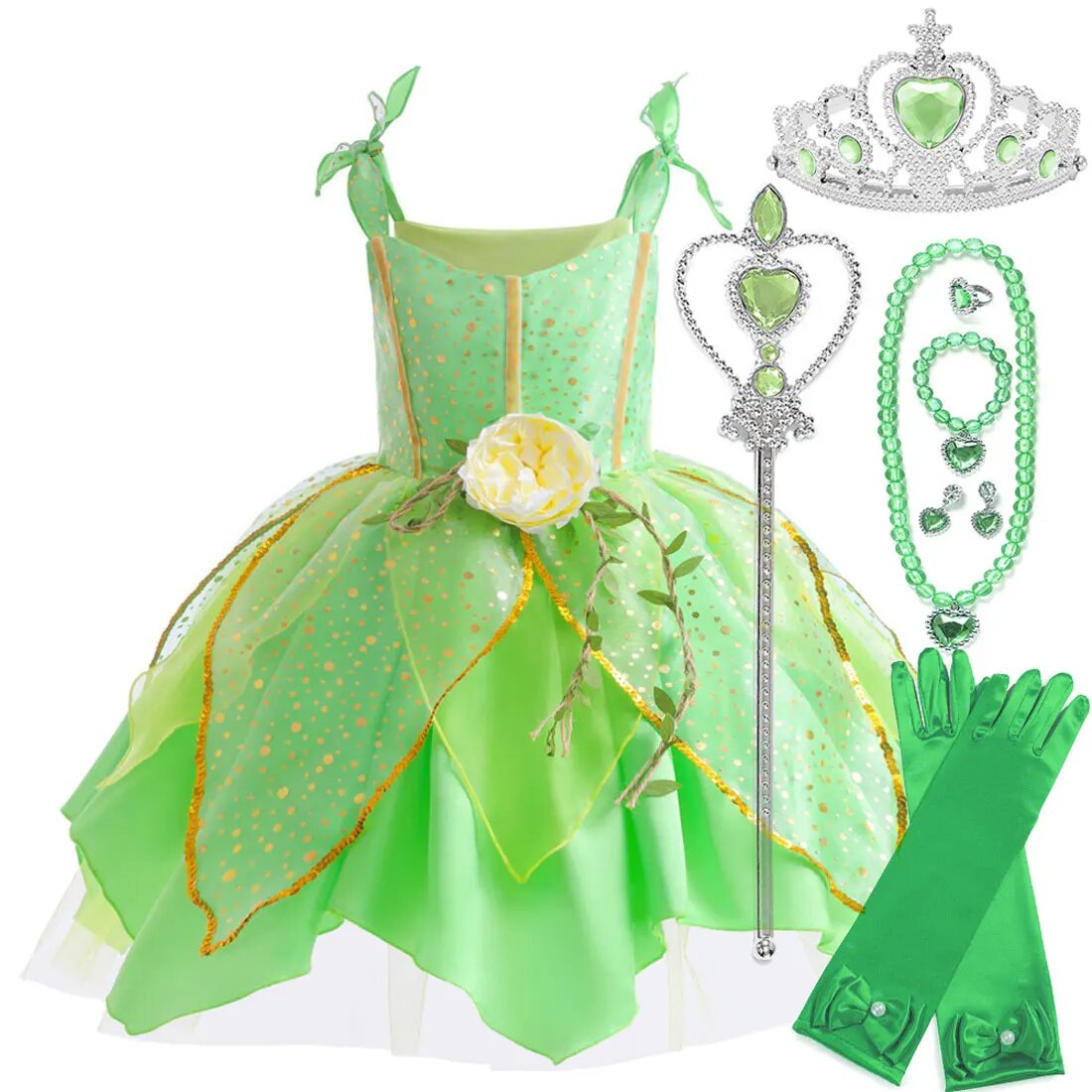 Disney Fairy Tale Girl Зелёное платье для девочки 5-6T(130CM), Изумрудный, Dingdang SET 14