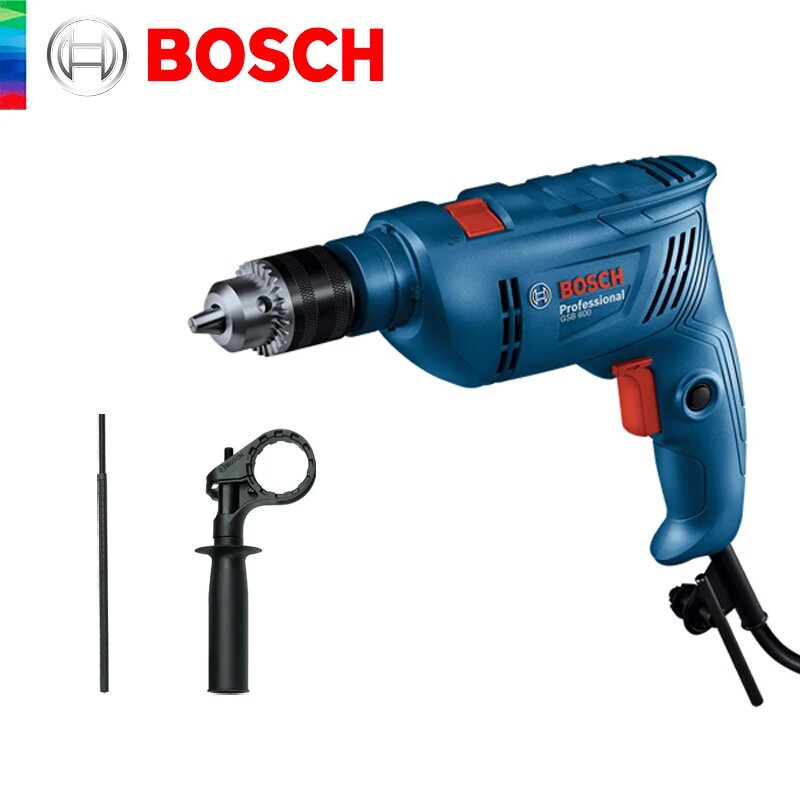Электрическая дрель Bosch GSB 600 Вт, проводная ударная дрель, 48000 об/мин, мощный электроинструмент для сверления древесины, стали, бетона, кирпича