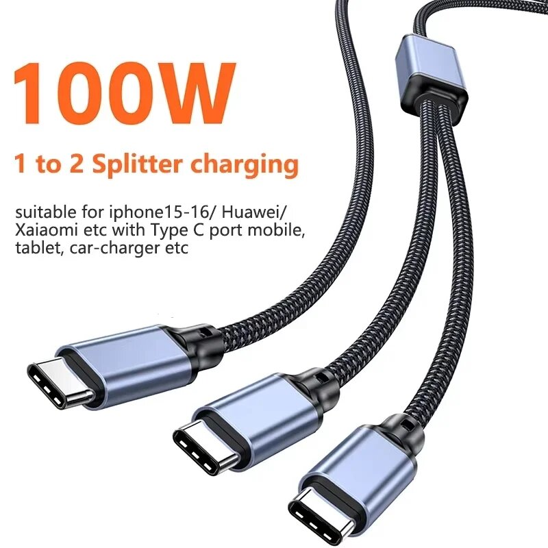 PD100W USB Type C к двойному разветвителю Type-C 1–2 Кабель для быстрой зарядки данных для iPhone15/16 Samsung Huawei Швидкий шнур для мобильного телефона