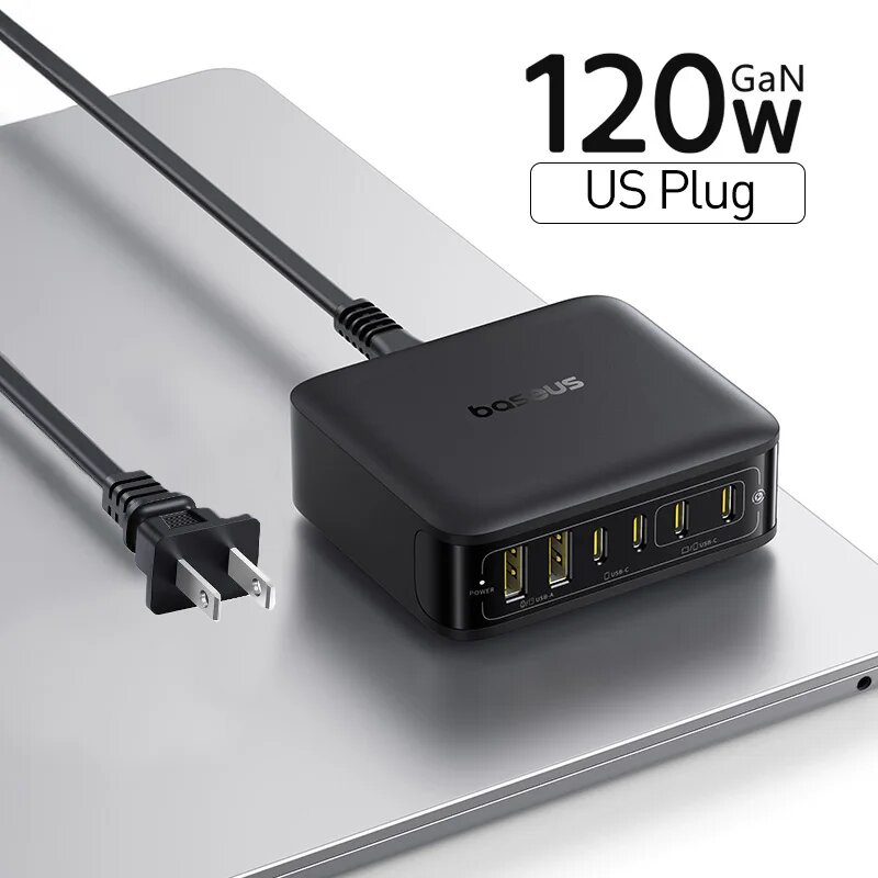 Baseus 120W GaN зарядное устройство с US Plug, 6 в 1, черное