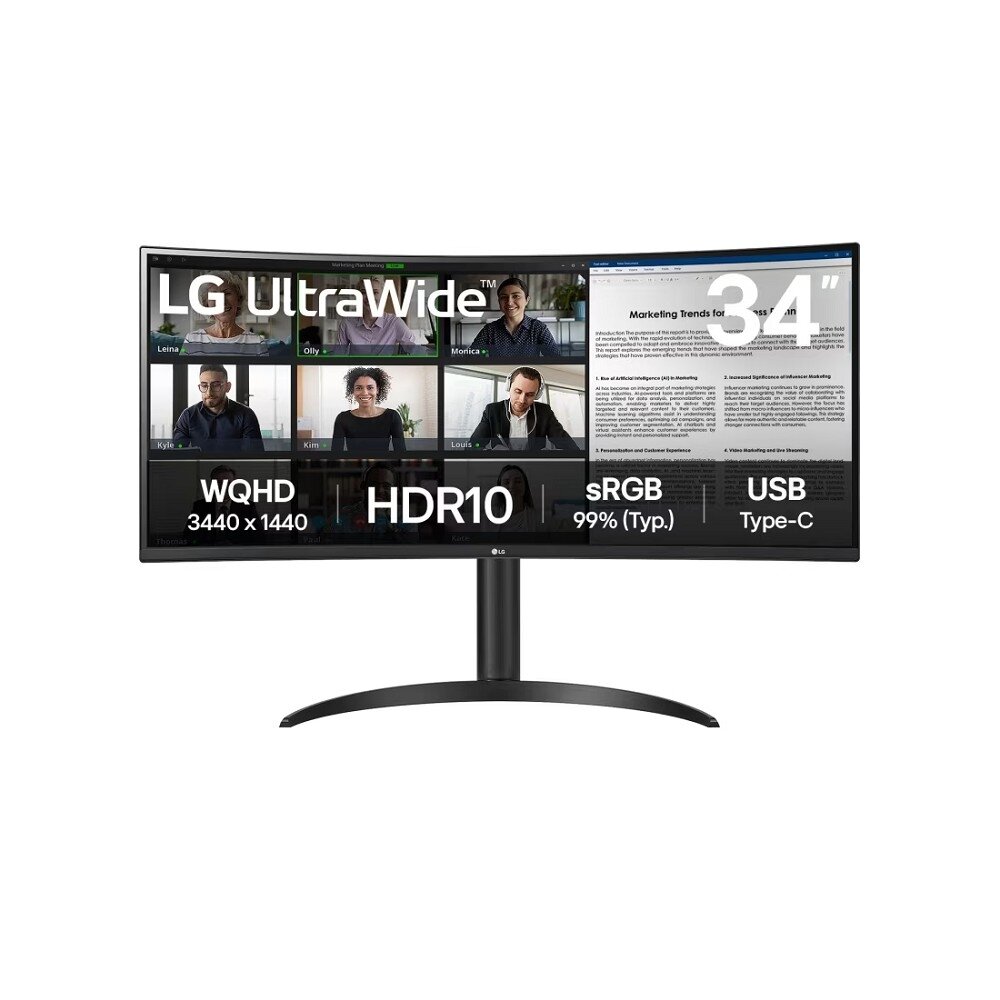 Монитор LCD LG 34" 34WR55QK-B VA Curved 1500R 3440x1440 100Hz 5ms 300cd 3000:1 2xHDMI2.0 DisplayPort1.4 USB-C(65W PD) VESA